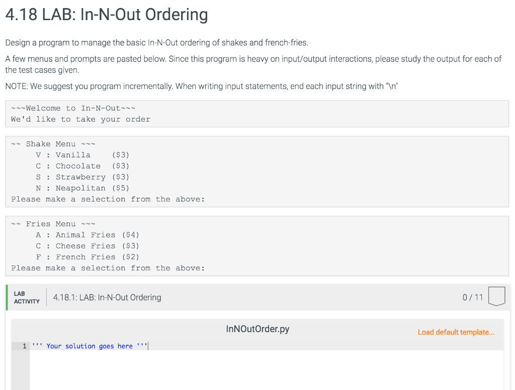 Solved 4.18 LAB: In-N-Out Ordering Design a program to | Chegg.com