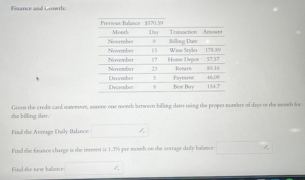 Finance and Growth: Given the credit card statemnet, | Chegg.com