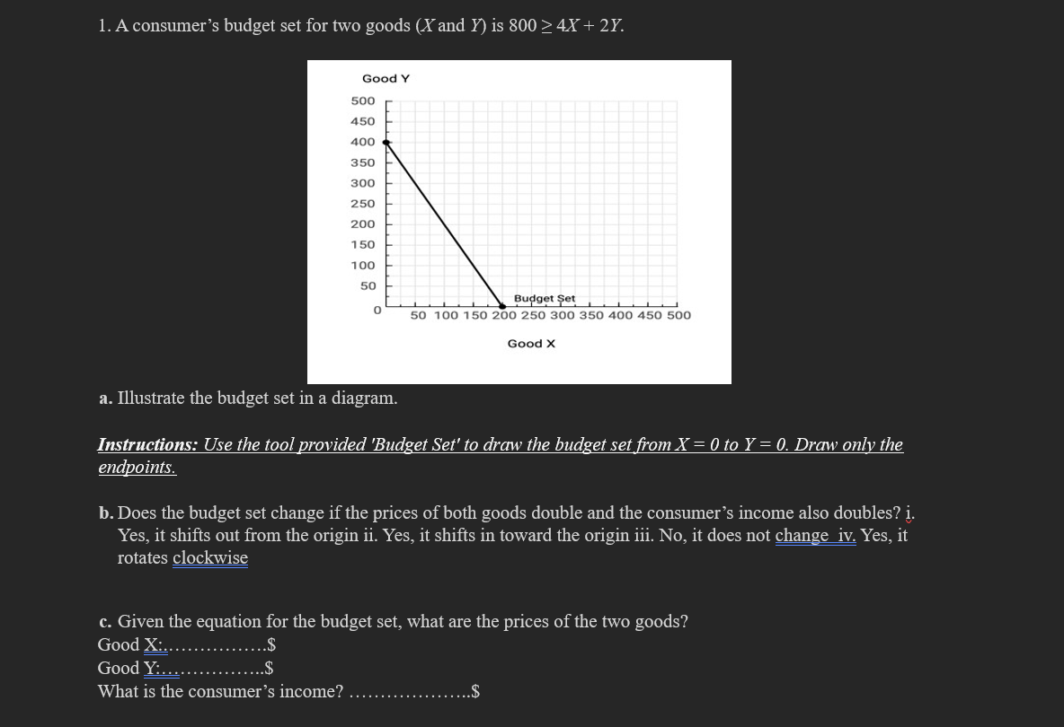 Solved 1. A consumer's budget set for two goods ( X and Y ) | Chegg.com