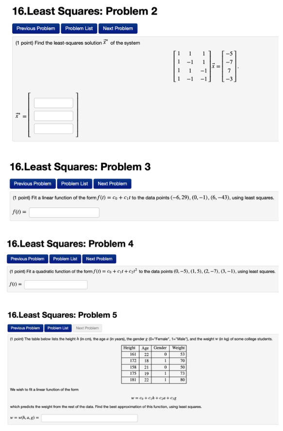 Solved 16.Least Squares: Problem 2 Previous Problem Problem | Chegg.com
