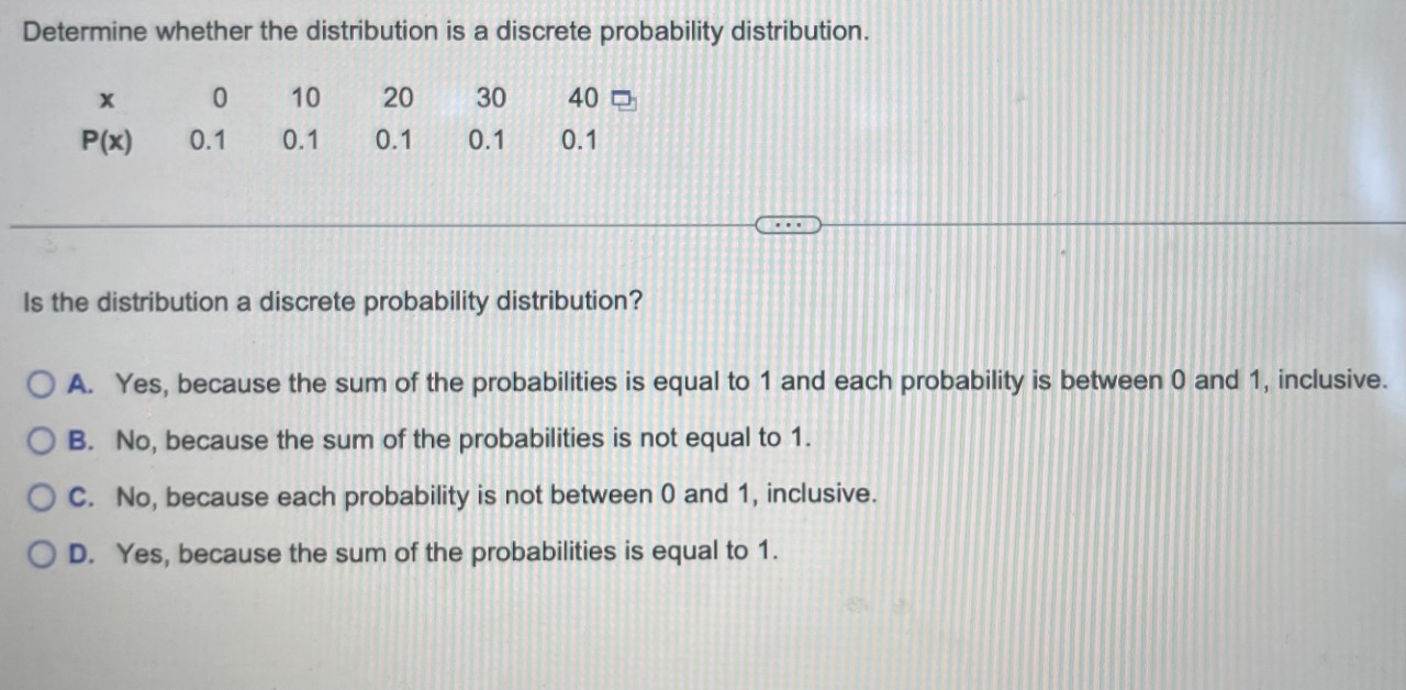 Solved Determine whether the distribution is a discrete | Chegg.com