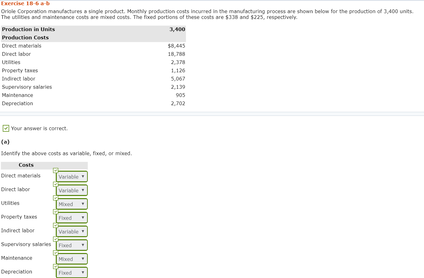 Solved Exercise 18-6 a-b Oriole Corporation manufactures a | Chegg.com