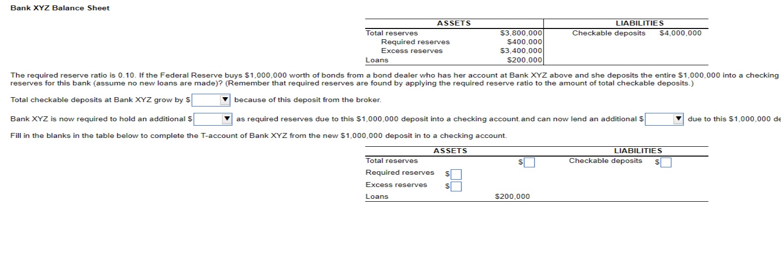 Solved Bank XYZ Balance SheetTotal checkable deposits at | Chegg.com