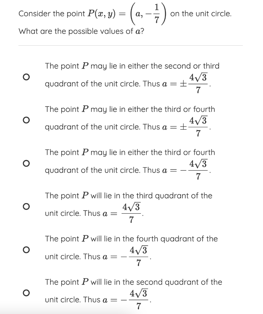 Solved Consider the point P(x,y)=(a,−71) on the unit circle. | Chegg.com