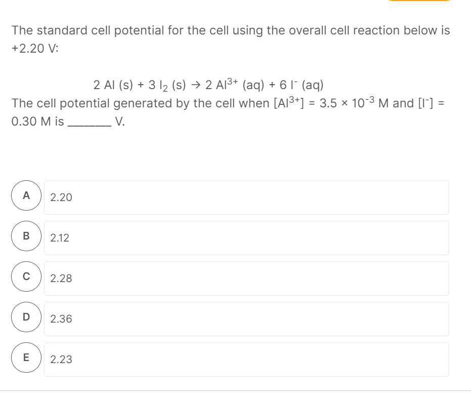 Solved The standard cell potential for the cell using the | Chegg.com
