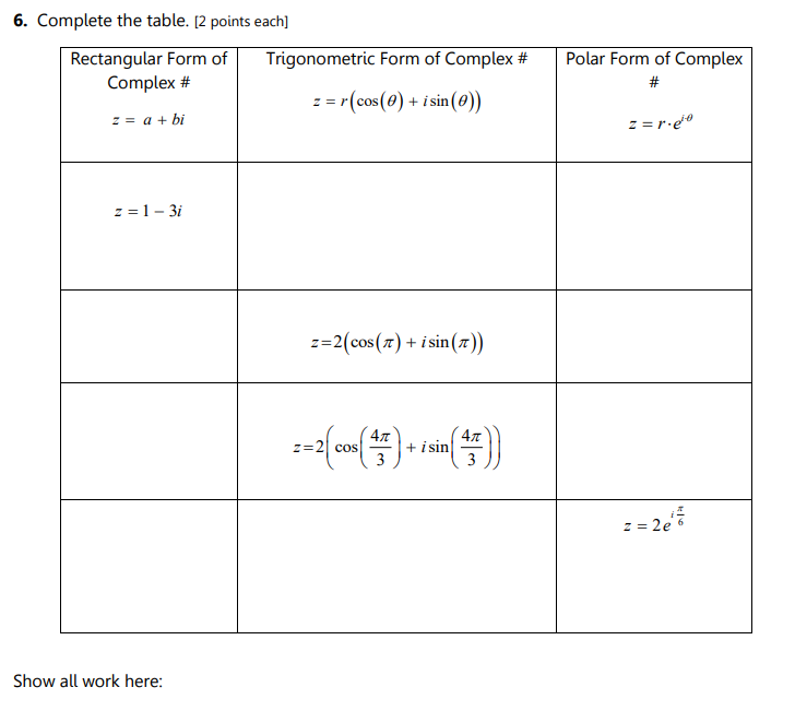 Solved 6. Complete the table. [2 points each] Rectangular | Chegg.com