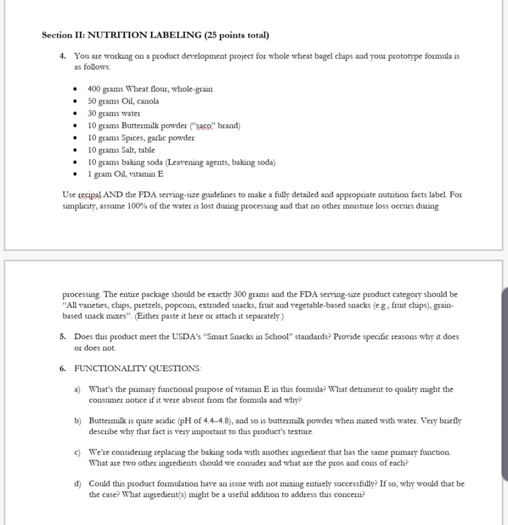 Solved Section II: NUTRITION LABELING (25 points total) 4. | Chegg.com