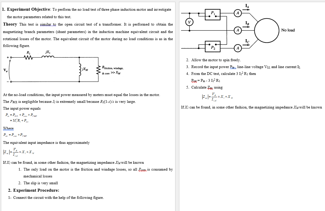 Solved No load 1. Experiment Objective: To perform the no | Chegg.com