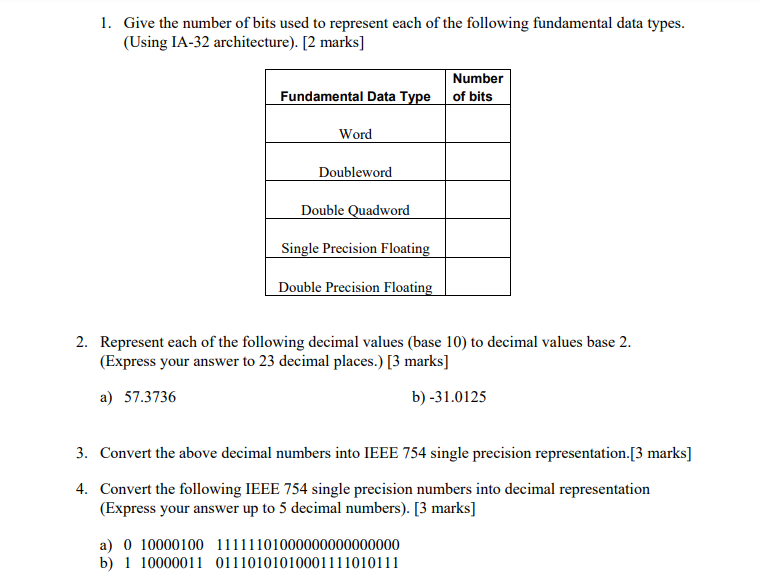 Solved 1. Give the number of bits used to represent each of | Chegg.com