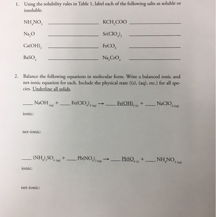Solved 1. Using the solubility rules in Table 1, label each | Chegg.com