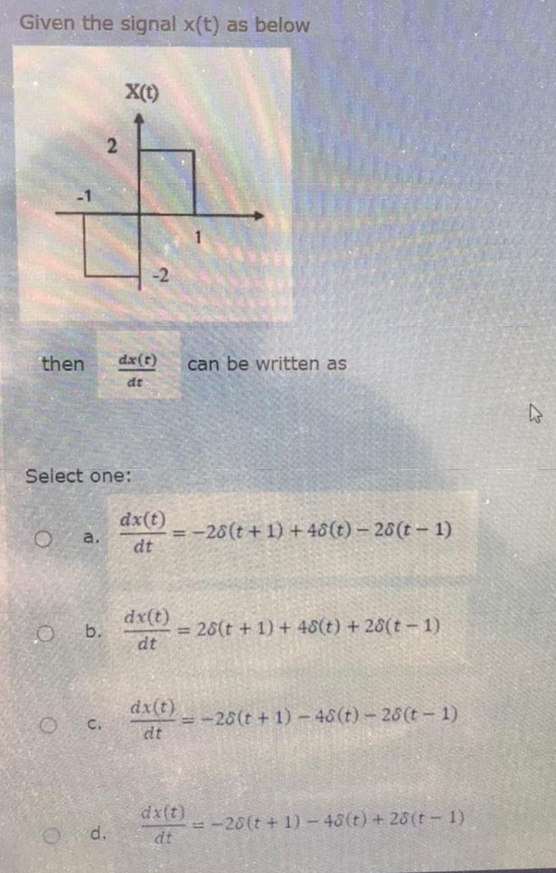 Solved Given the signal x(t) ﻿as belowthen dx(t)dt, ﻿can be | Chegg.com