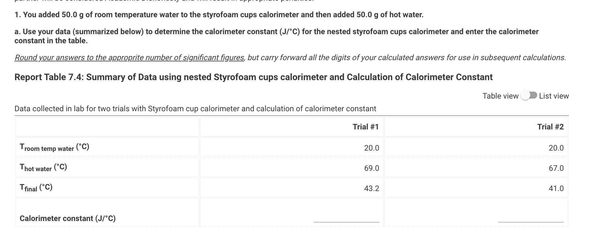 Solved 2. You added 50.0 g of room temperature water to the | Chegg.com