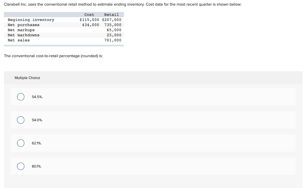 Solved Clarabell Inc. uses the conventional retail method to | Chegg.com