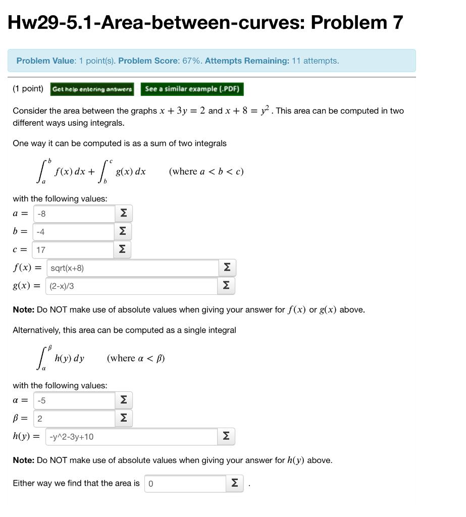 Solved Hw29-5.1-Area-between-curves: Problem 7 Problem | Chegg.com