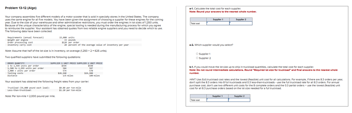 Solved Problem 13-12 (Algo)Your company assembles five | Chegg.com