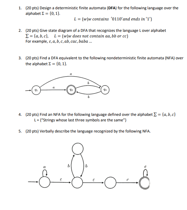 Solved 1. (20 pts) Design a deterministic finite automata | Chegg.com