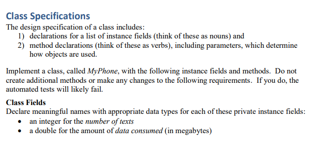 Solved Class Specifications The design specification of a | Chegg.com