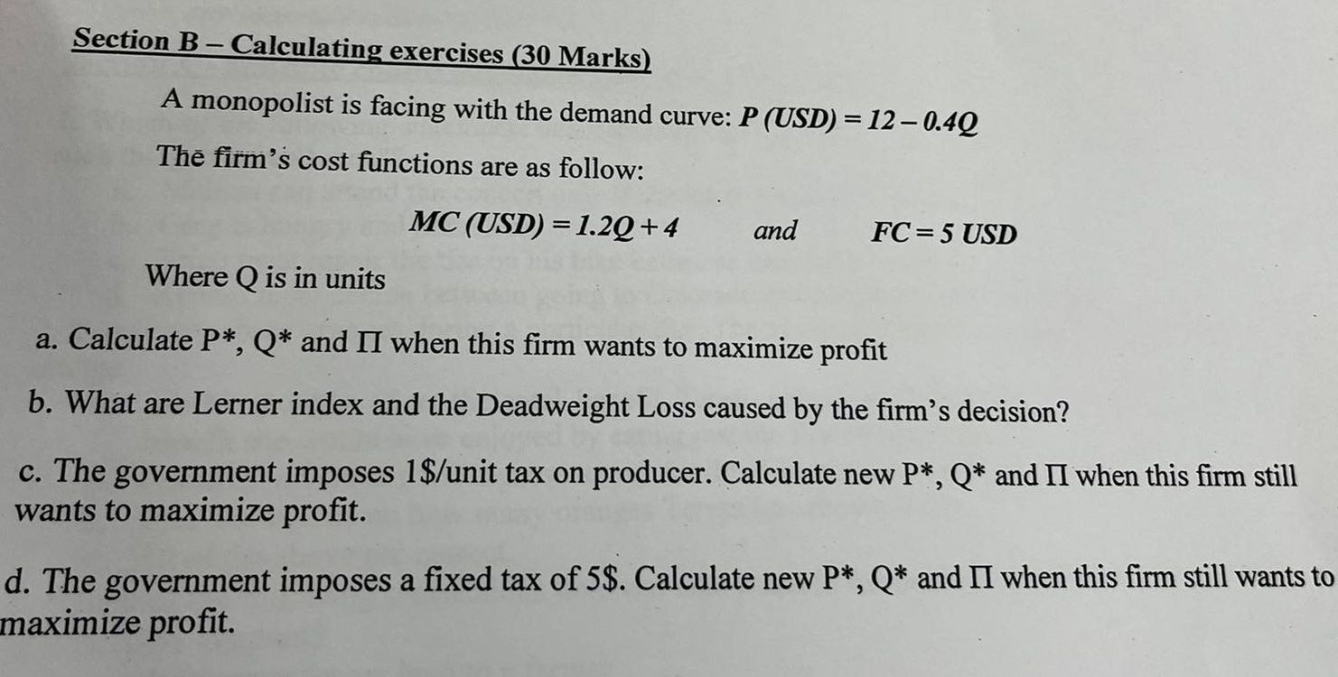 Solved Section B - ﻿Calculating exercises (30 ﻿Marks)A | Chegg.com