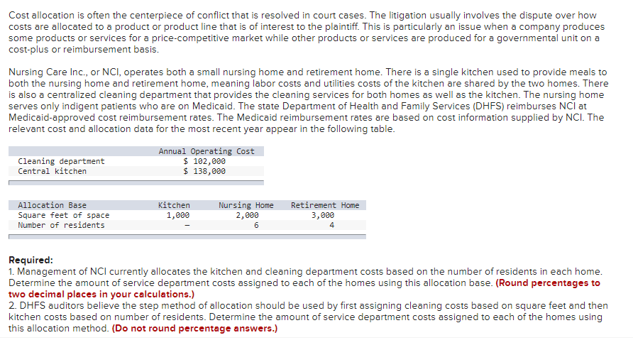 Solved Cost allocation is often the centerpiece of conflict | Chegg.com