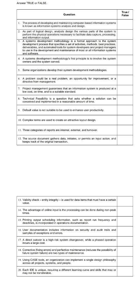 Solved Answer TRUE or FALSE. \begin{tabular}{|l|c|} \hline | Chegg.com