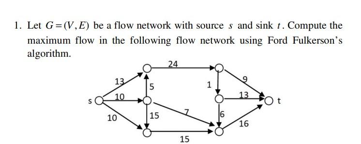 Solved 1. Let G=(V,E) be a flow network with source s and | Chegg.com