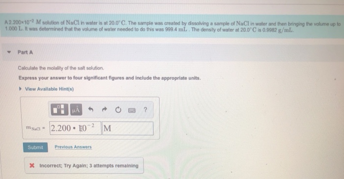 Solved A 2.200x10-2 M solution of NaCl in water is at 20.0° | Chegg.com