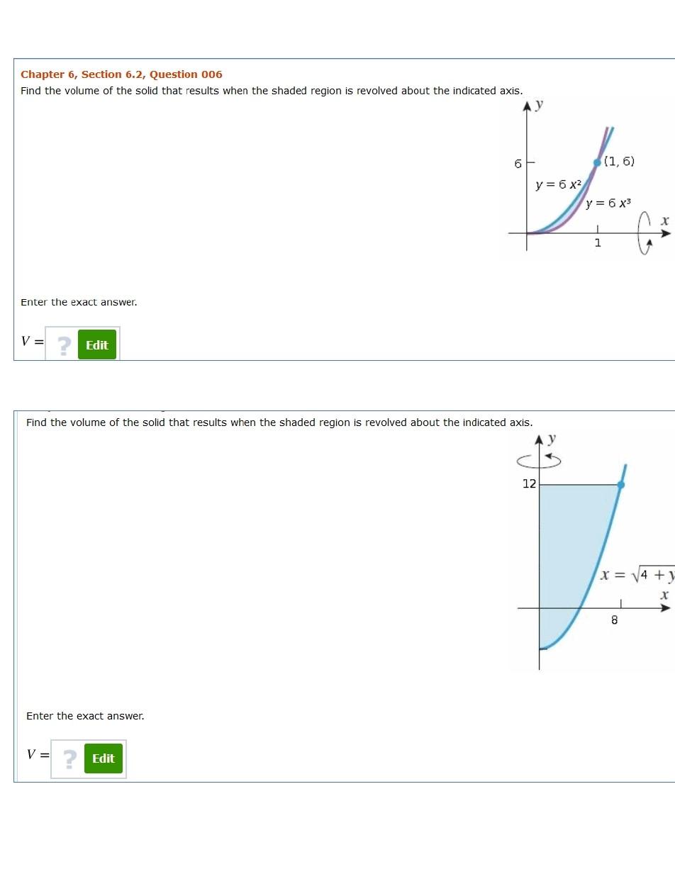 Solved Chapter 6, Section 6.2, Question 006 Find the volume | Chegg.com