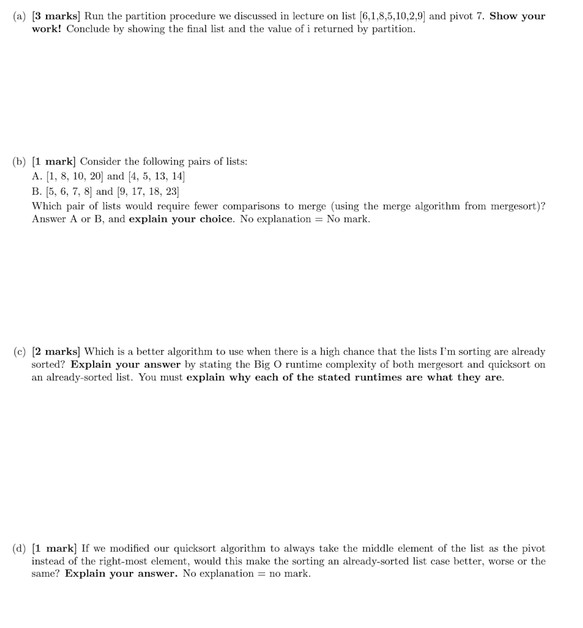 Solved (a) [3 marks] Run the partition procedure we | Chegg.com