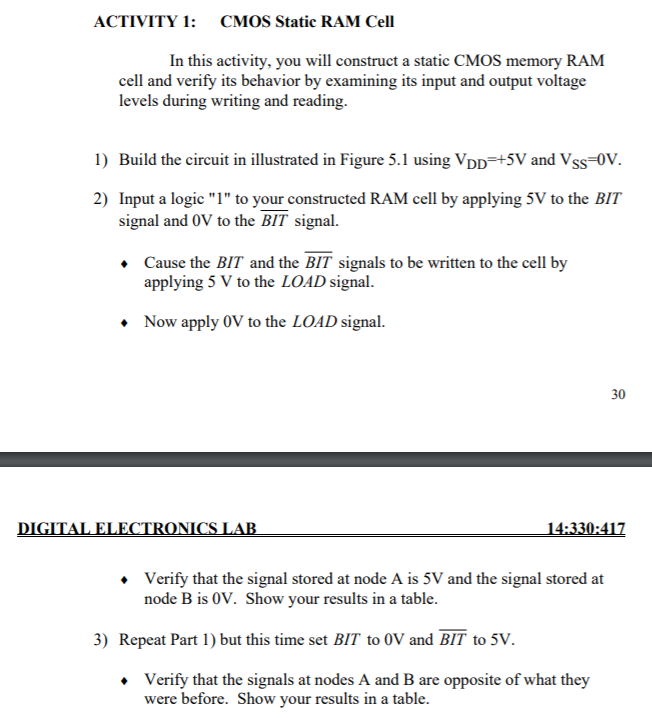 ACTIVITY 1: CMOS Static RAM Cell In this activity, | Chegg.com