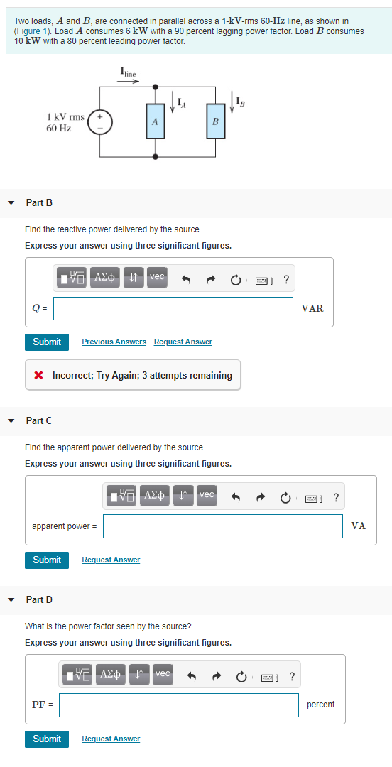Solved Two loads, A and B are connected in parallel across a | Chegg.com