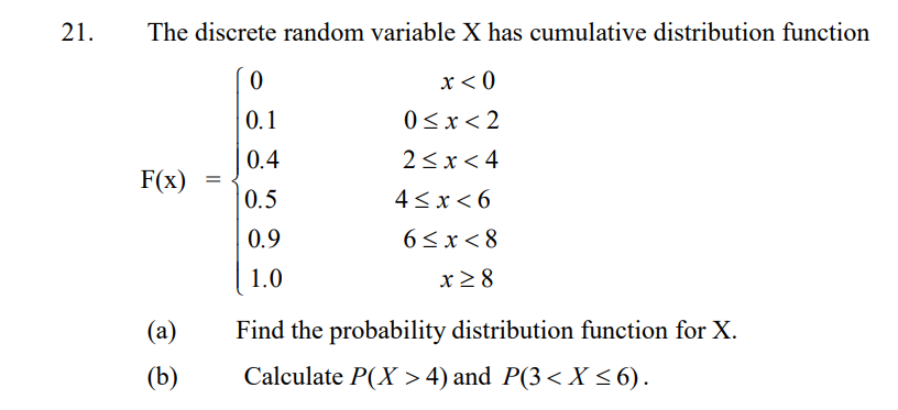 Solved 21. The discrete random variable X has cumulative | Chegg.com