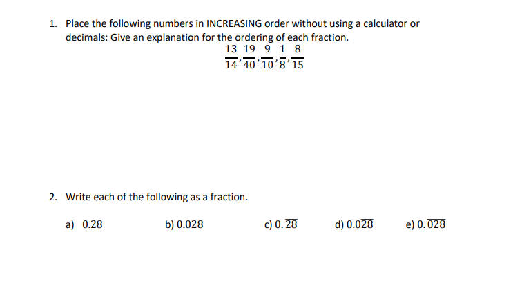 Solved 1. Place the following numbers in INCREASING order | Chegg.com