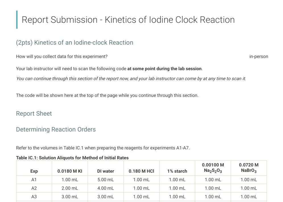 Report Submission - Kinetics of Iodine Clock | Chegg.com
