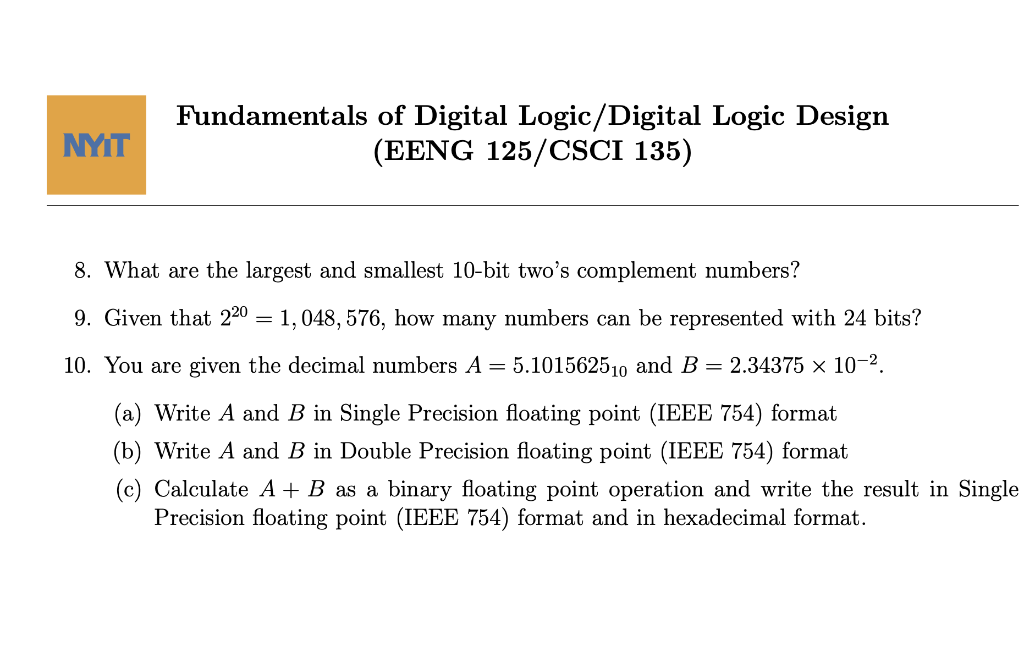Solved NYIT Fundamentals of Digital Logic/Digital Logic | Chegg.com