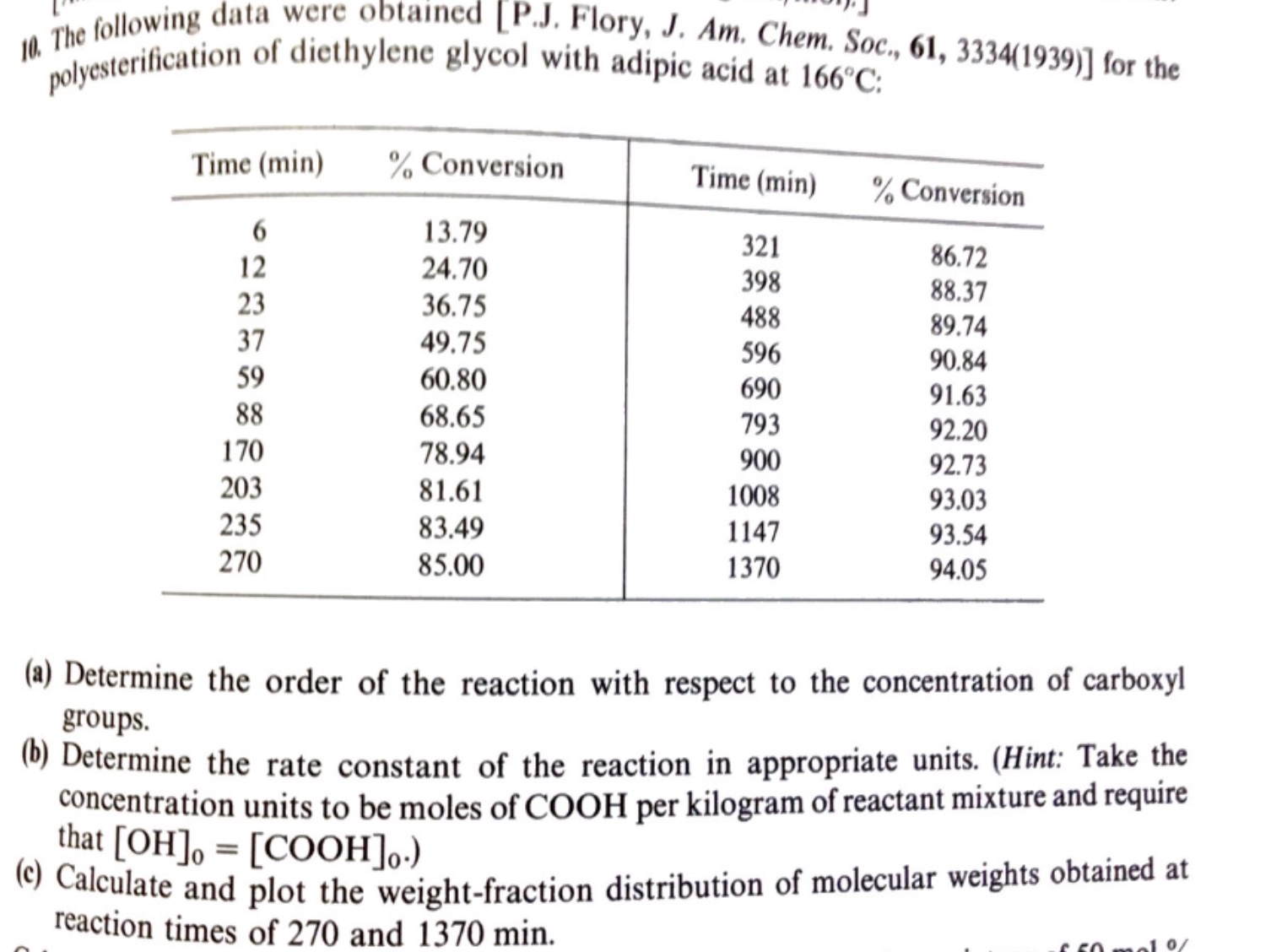 Solved 10. The following data were obtained [P.J. Flory, J, | Chegg.com