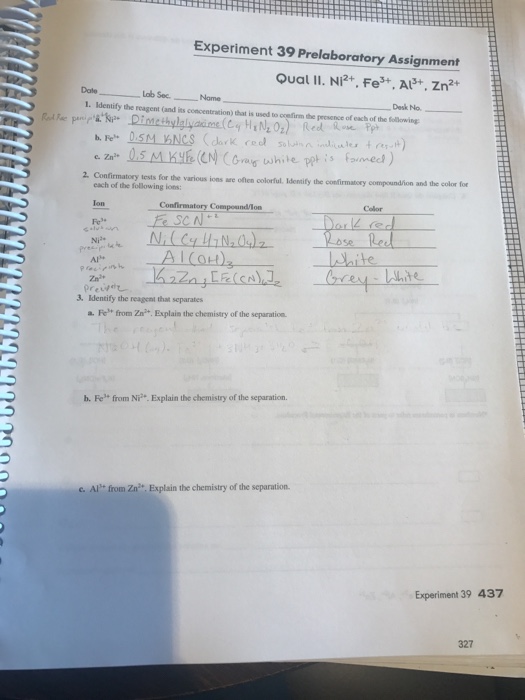 Solved Experiment 39 Prelaboratory Assignment Qual II. Ni2+, | Chegg.com