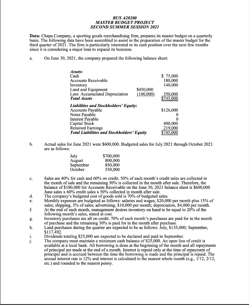 Solved BUS A20200 MASTER BUDGET PROJECT SECOND SUMMER | Chegg.com