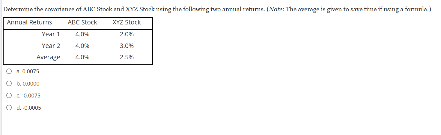 [Solved]: Determine the covariance of ABC Stock and XYZ St