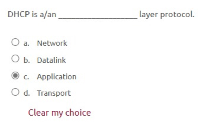 Solved DHCP is a/ana. ﻿Networkb. ﻿Datalinkc. ﻿Applicationd. | Chegg.com