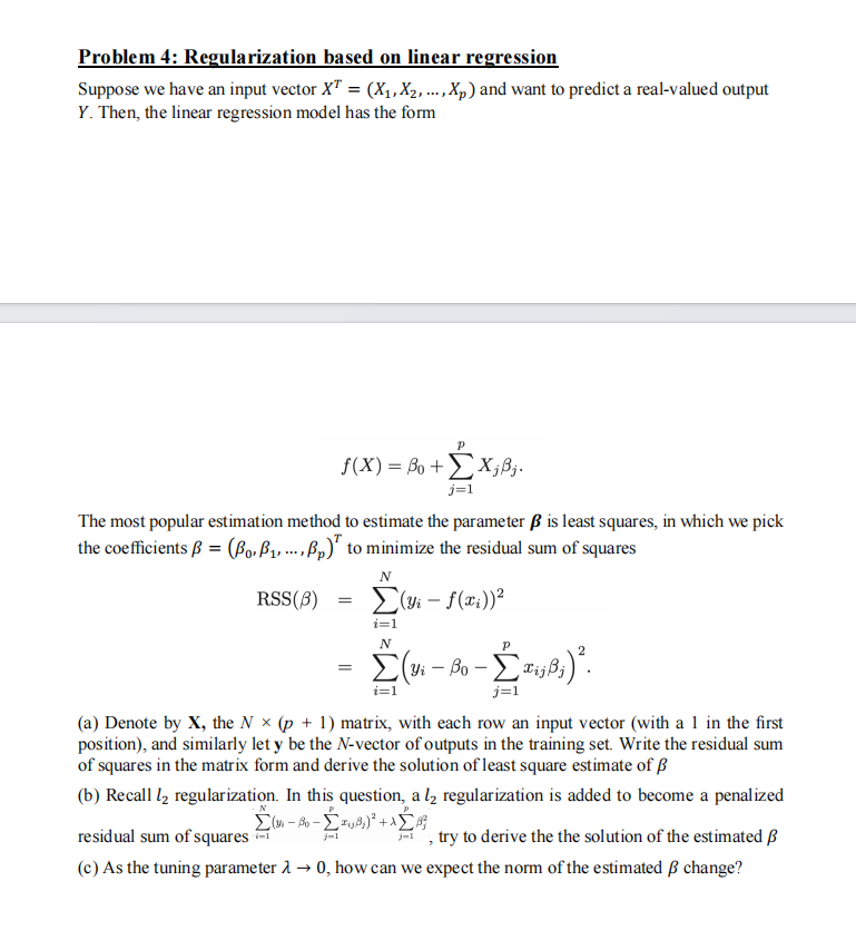 Solved Problem 4: Regularization based on linear regression | Chegg.com