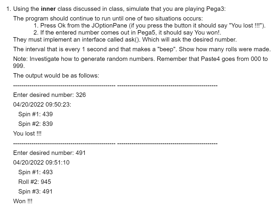 Solved 1. Using the inner class discussed in class, simulate | Chegg.com