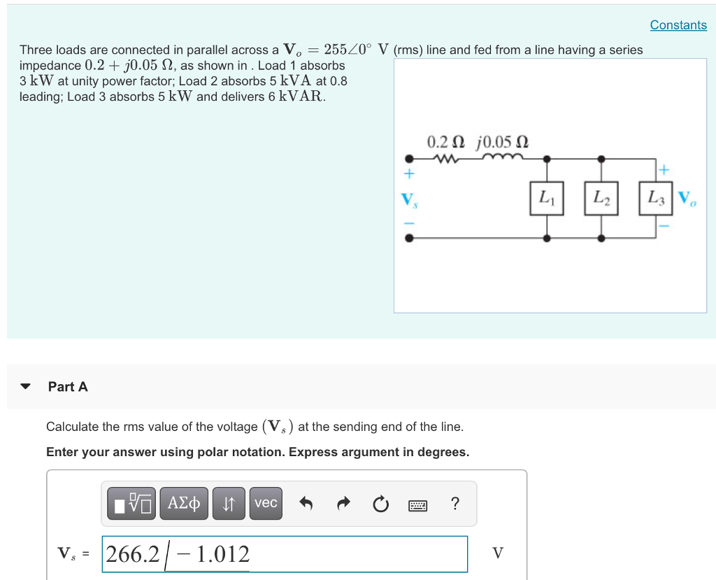 Solved Constants Three loads are connected in parallel | Chegg.com