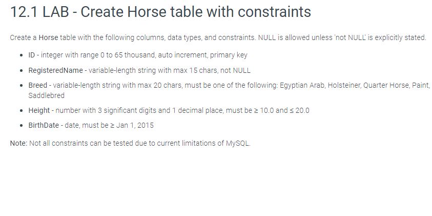 Solved 12.1 LAB - Create Horse table with constraints . | Chegg.com Solved 12.1 LAB - Create Horse table with constraints . | Chegg.com