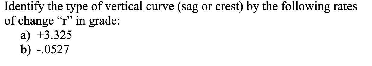 Solved Identify the type of vertical curve (sag or crest) by | Chegg.com