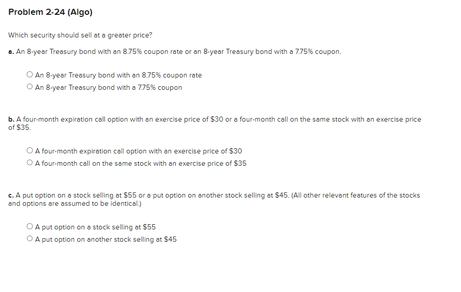 Solved Problem 2-24 (Algo)Which security should sell at a | Chegg.com