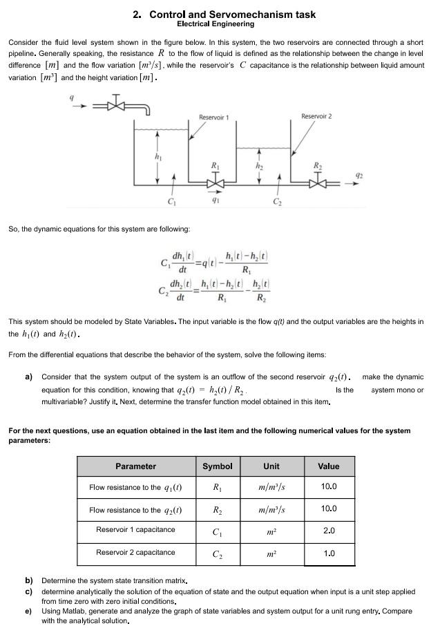 Solved SERVOMECHANISM EXERCISE + MATLAB (on "e" item [it | Chegg.com