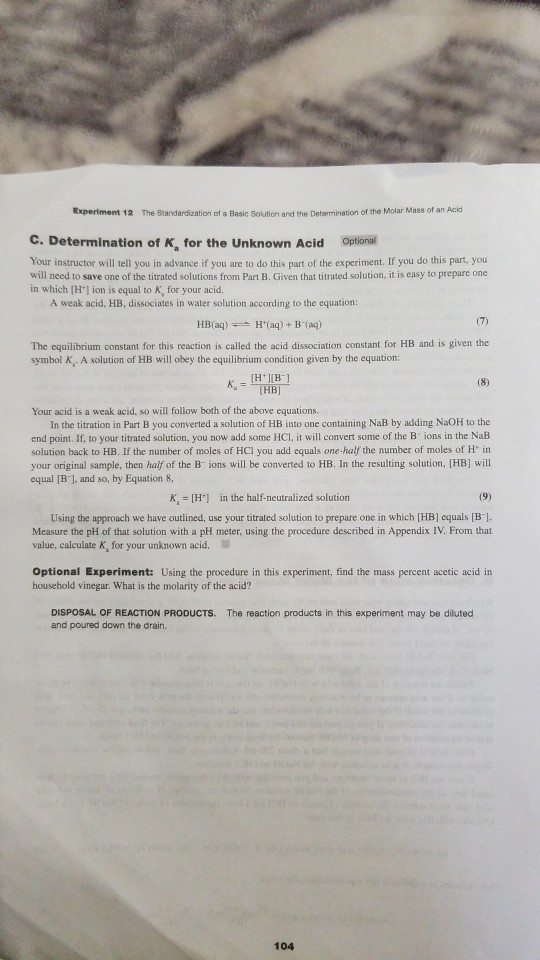 Solved Experiment 12 The Standardization of a Basic Solution | Chegg.com