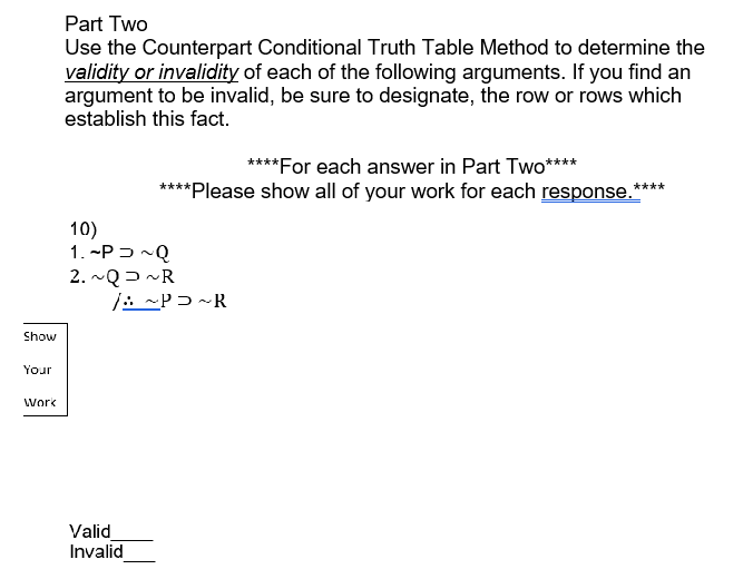 Solved Part Two Use the Counterpart Conditional Truth Table | Chegg.com