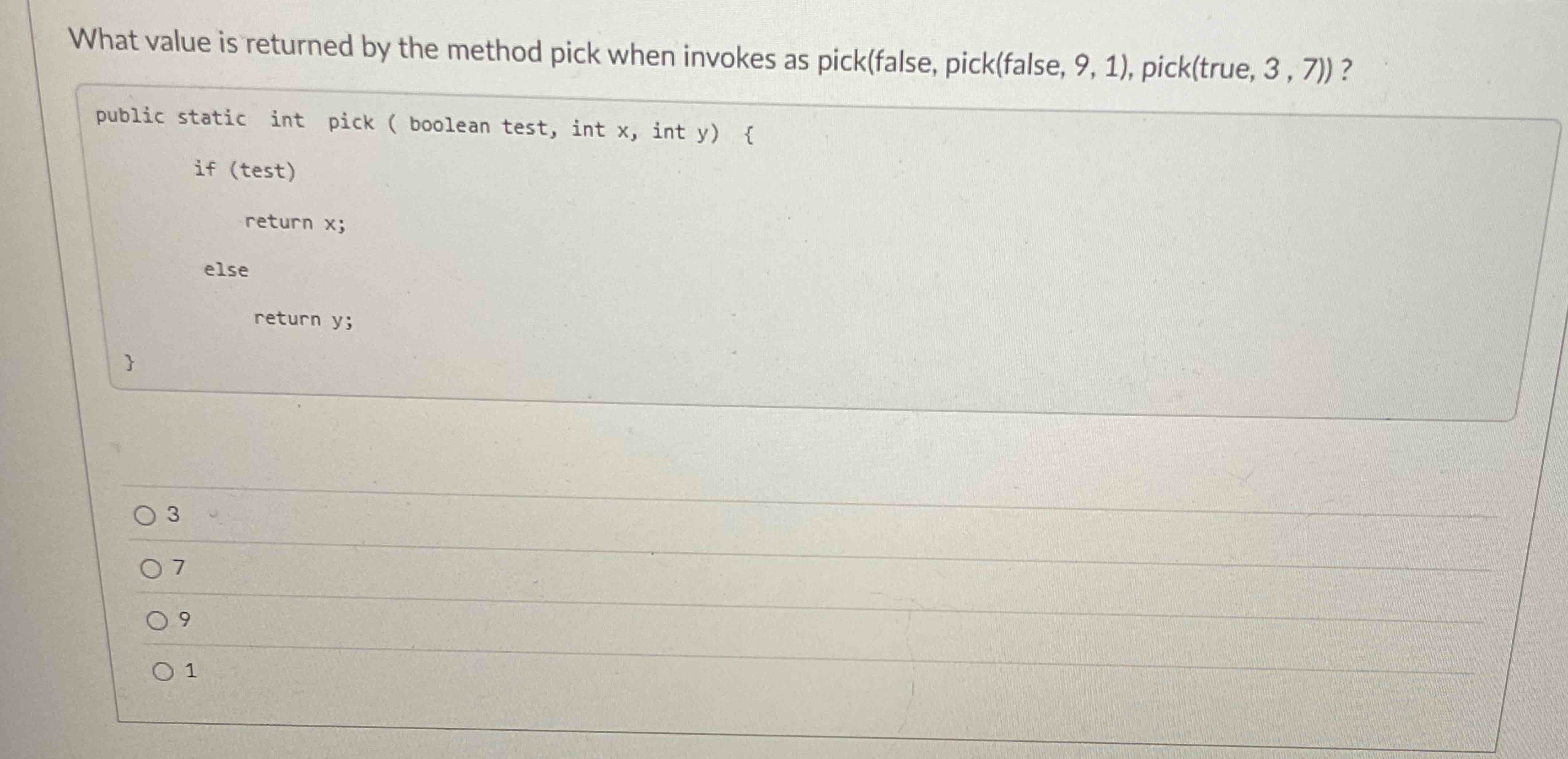 Solved What value is returned by the method pick when | Chegg.com
