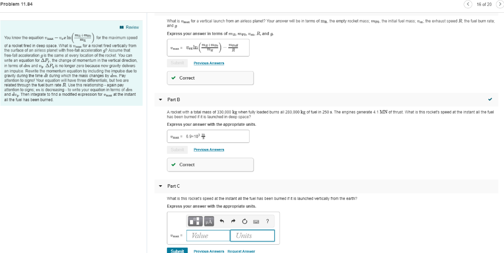 Solved You know the equation vmax=vexln(mR+mF0mR) for | Chegg.com